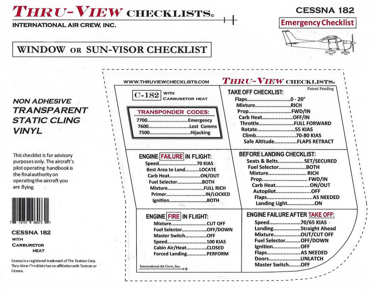 Thru-View Emergency Checklist - Cessna 182 - Carbureted – Fallon Pilot Shop