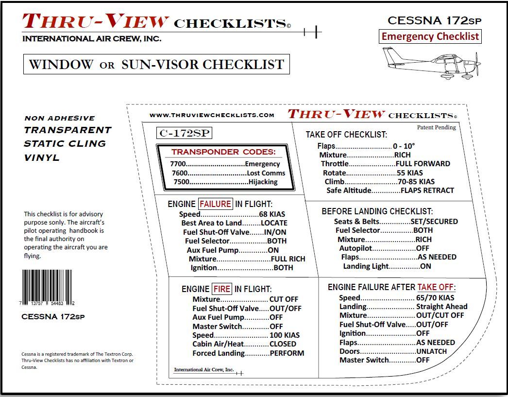 Thru-View Emergency Checklist - Cessna 172R/SP – Fallon Pilot Shop