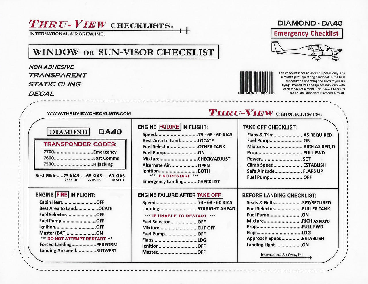 Thru-View Emergency Checklist - Diamond DA40 – Fallon Pilot Shop